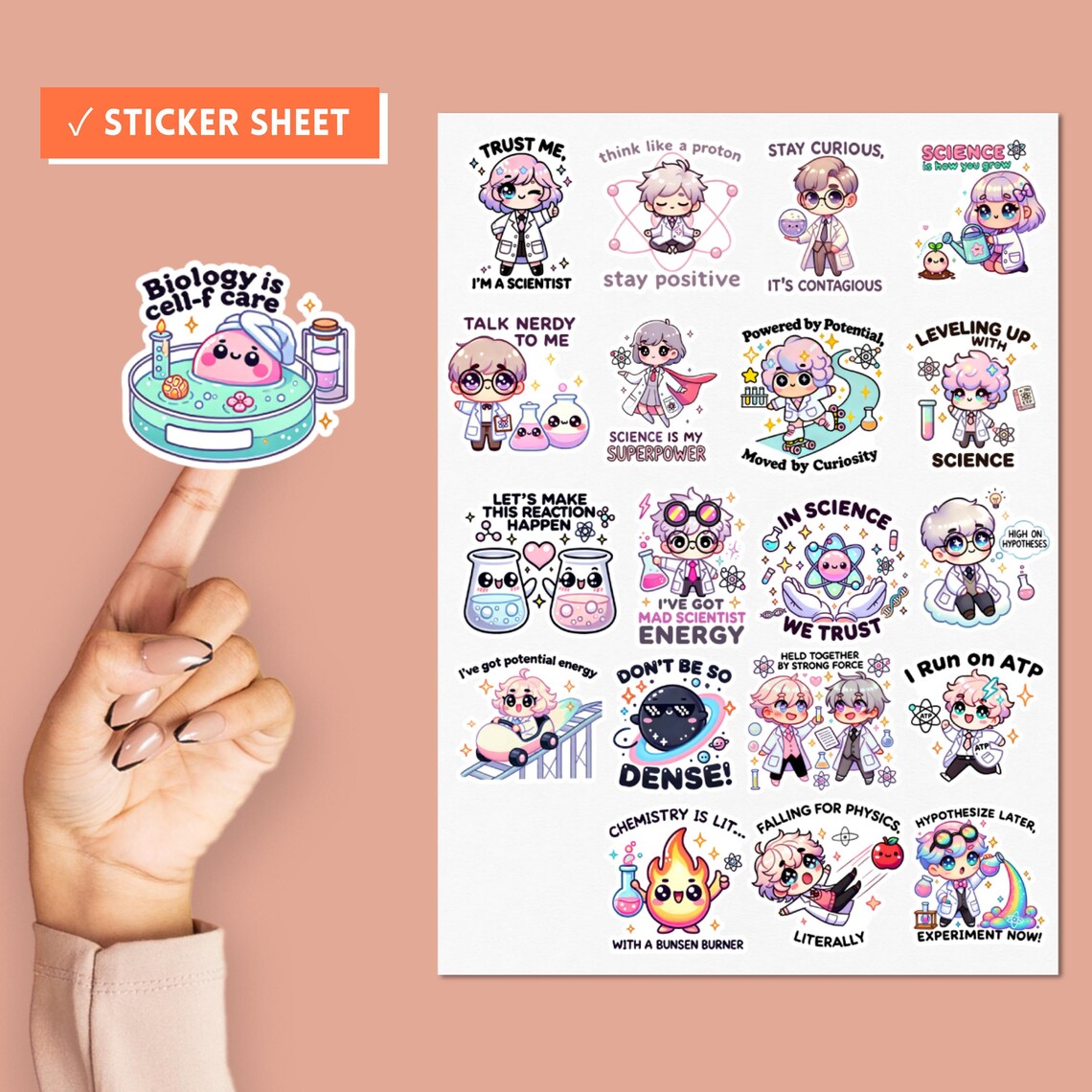 Kawaii Nerdy Science Stickers, Funny Uplifting Inspiring Quote, Science ...