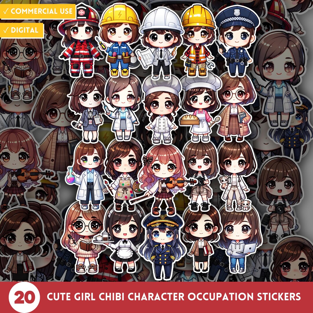 Cute Girl Chibi Character Occupation Stickers PNG, Kawaii Sticker Pack ...