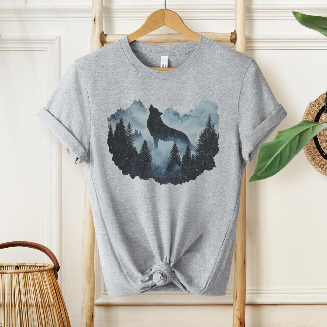 Wolf Silhouette Tee, Howling Wolf Shirt Winter Mountain Nature Wildlife ...