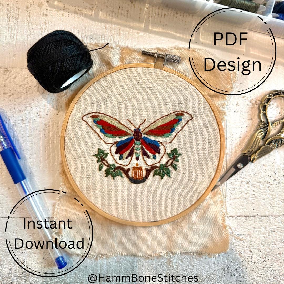 Butterfly and Candle Embroidery Pattern: DIY Hoop Stitch (PDF Pattern ...
