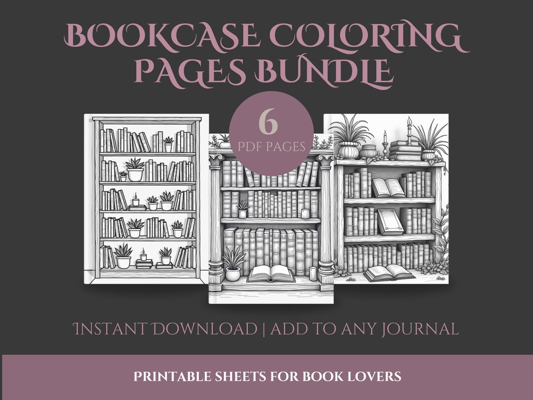 Bookcase Coloring Pages | Book Lover Printable Sheets (6 Pages) - Etsy