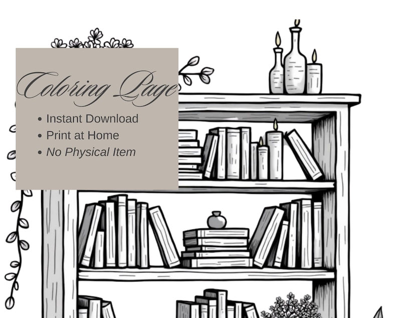 Detailed Bookshelf Coloring Page | Relaxing Book Lover Art (US Letter ...