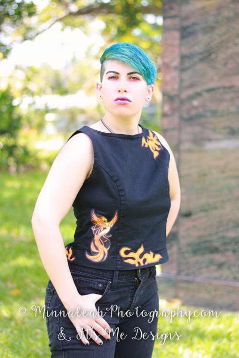 Shirt Midriff Black Crop Top Phoenix Flames Gold Rocker Stage Wear It's ...