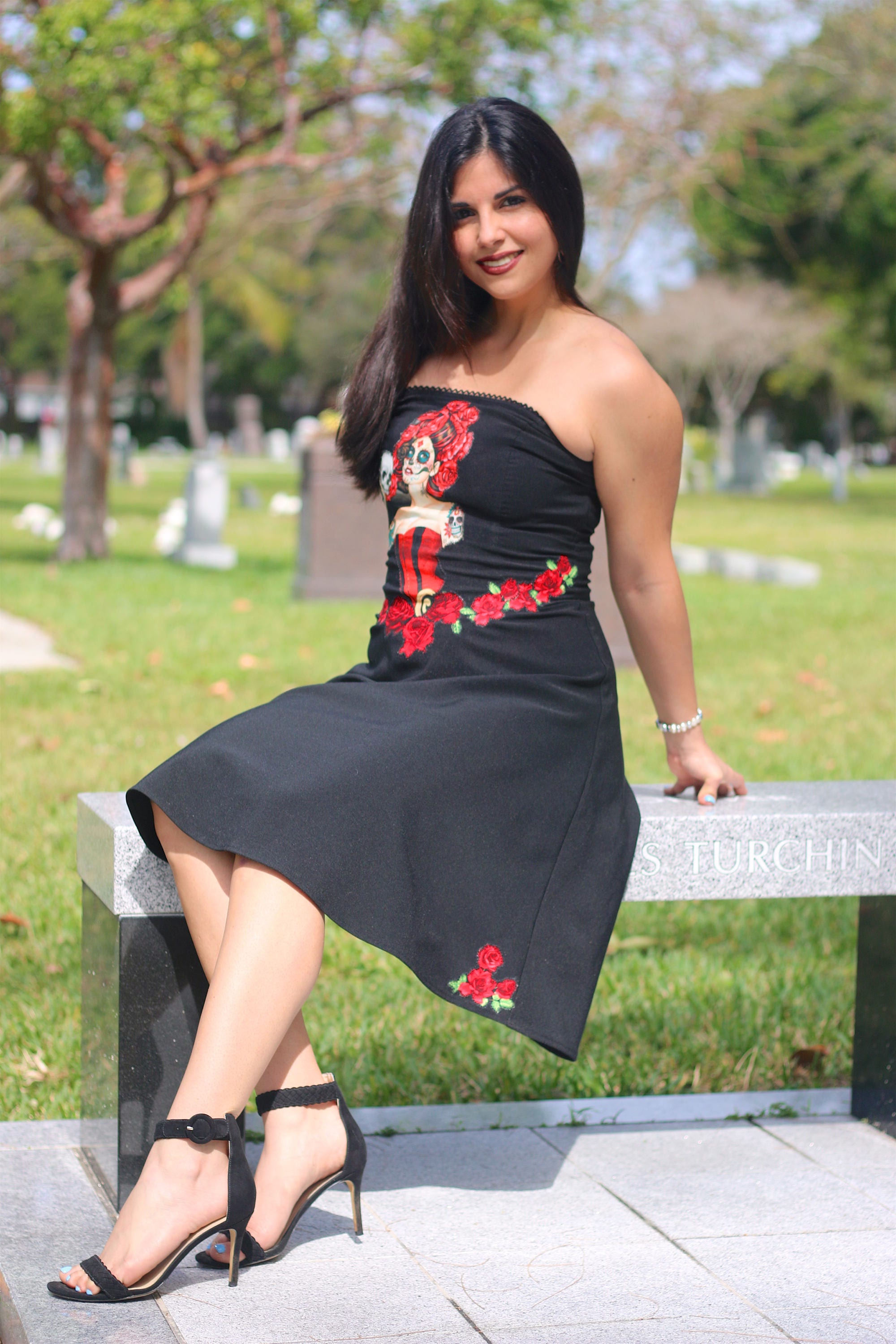 Day of the Dead Dress Pinup Sugar Skull Red Rose Black Strapless Size ...