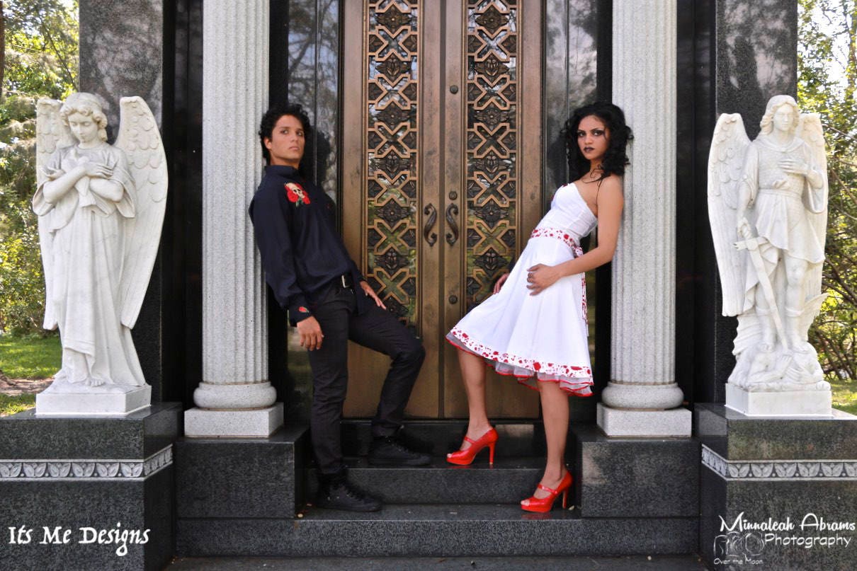 Bleeding Roses Blood Splatter Dress White Goth Prom Wedding Stage Wear ...