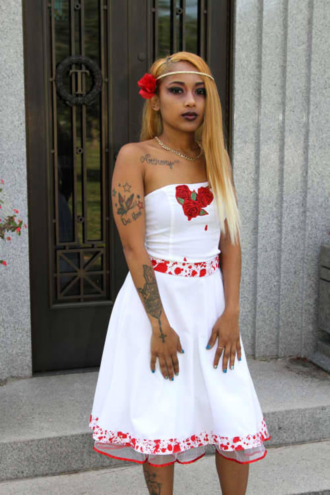 Bleeding roses blood splatter dress white goth prom wedding | Etsy
