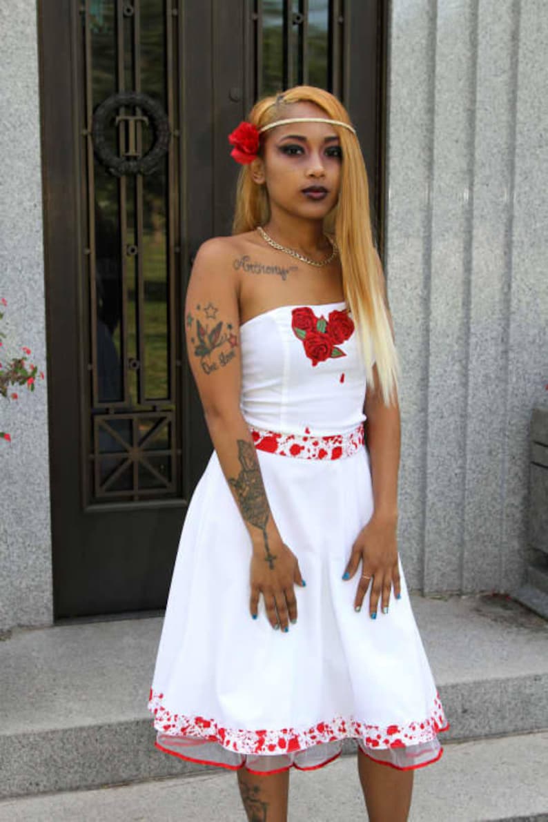 Bleeding Roses Blood Splatter Dress White Goth Prom Wedding Stage Wear ...