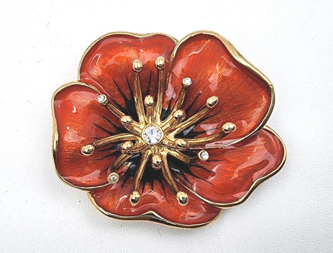 Monet Orange Red Enamel Poppy Flower Pin With Gold and Crystal ...