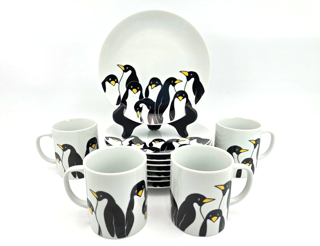 Penguin Ceramic Plates & Mugs Set - Vintage 1980s Japan Dinnerware ...