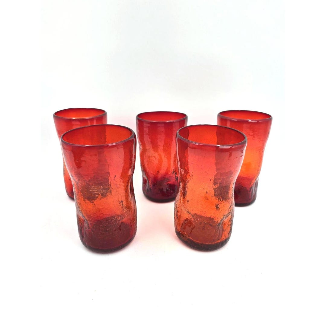 Blenko Tangerine Dimple Crackle Glass Tumblers, Set of 5, 418 L, Drink ...
