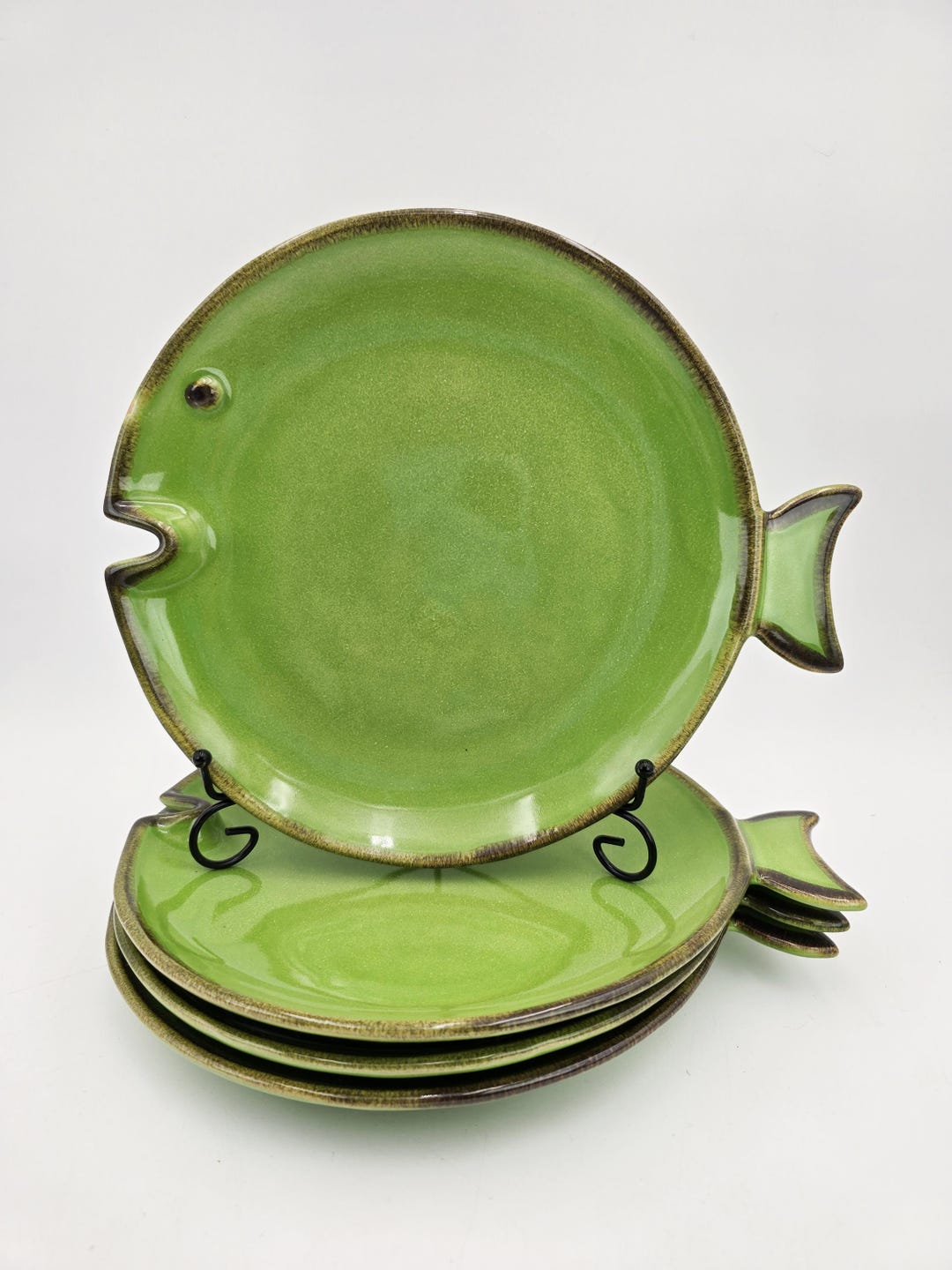 Vintage Green Round Terracotta Fish Dishes, Set of 4, Made in Italy ...