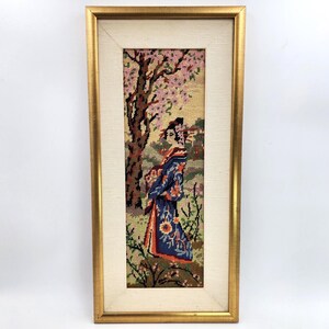 Vintage Needlepoint Asian Woman in Kimono With Cherry Tree Blossoms. Handcrafted, Finished ...