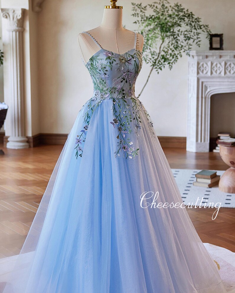 Sky Blue Tulle Prom Dress, Garden Floral Lace Prom Gown, Fairy ...