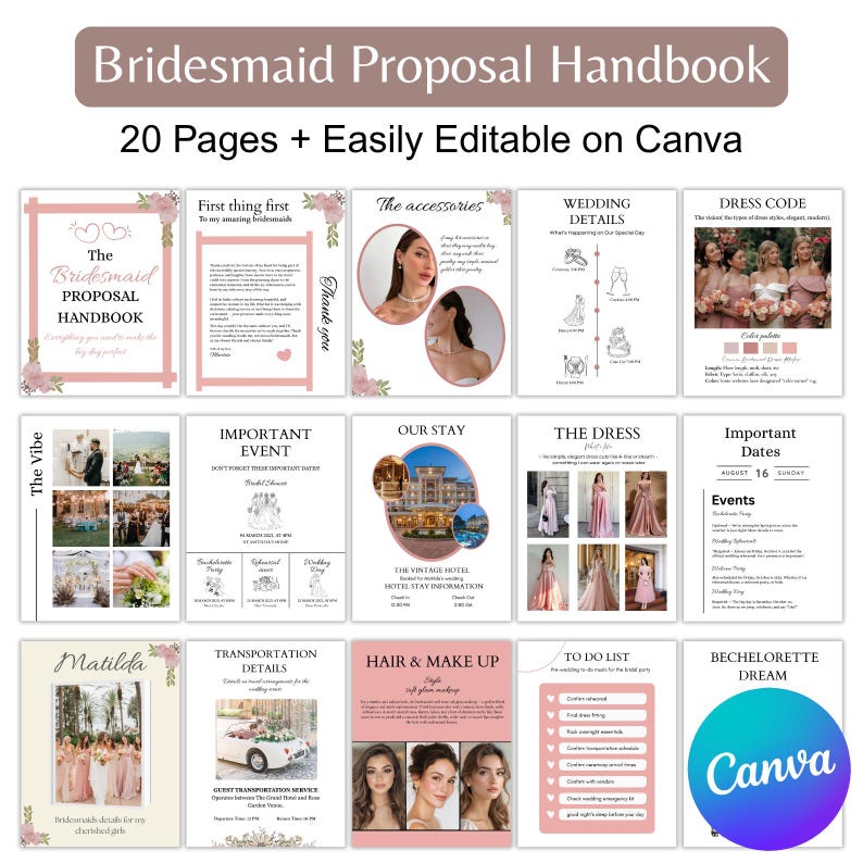 Bridesmaid Proposal Handbook Template, Canva Editable Bridesmaid ...