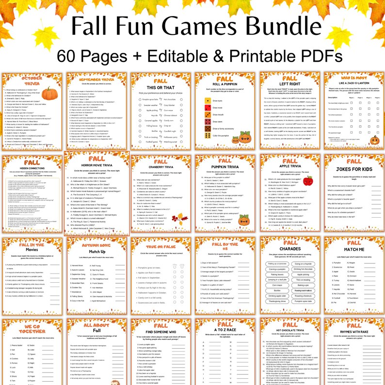 Fall Fun Games Bundle, Autumn Activities for Kids and Adults, Editable ...