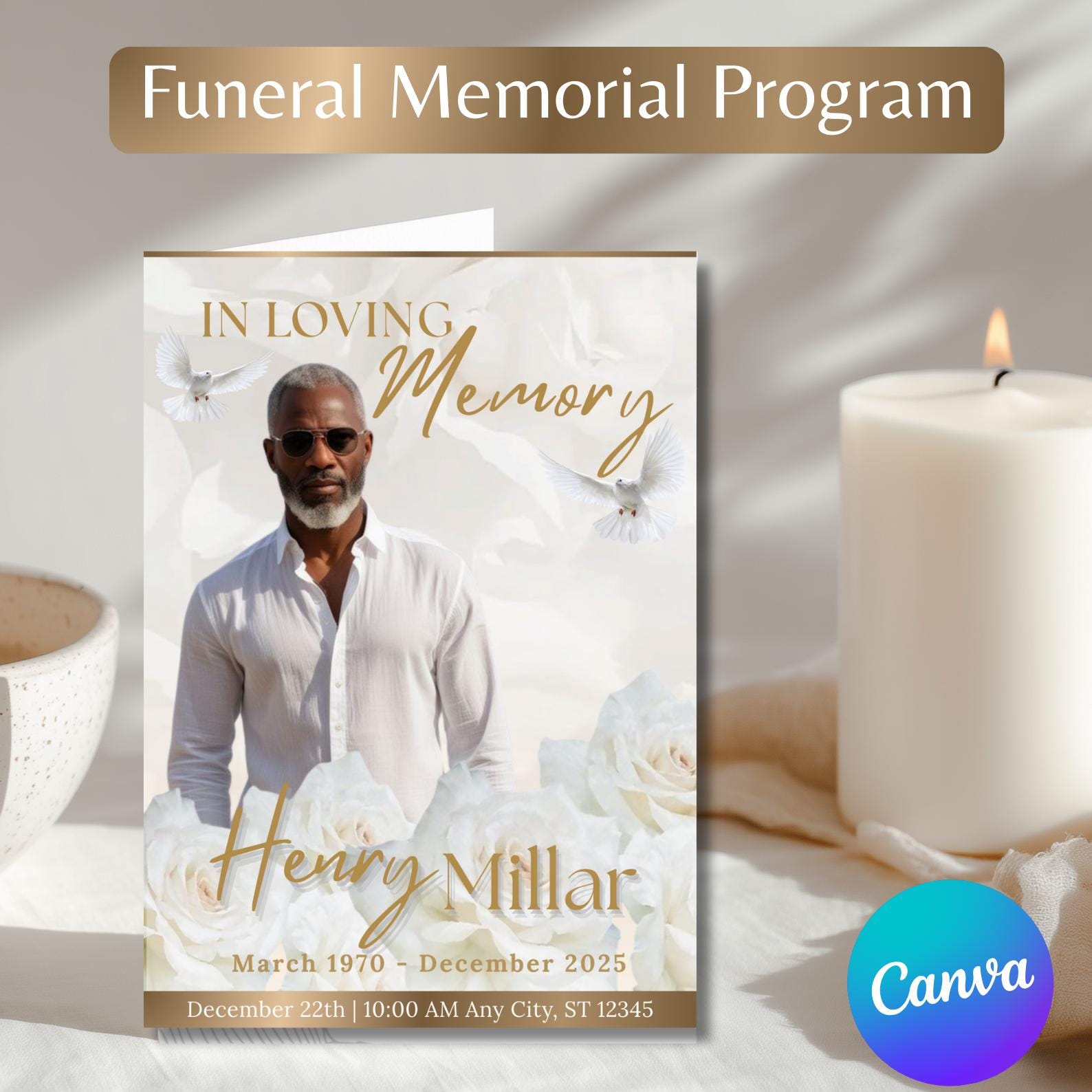 08 White Minimalist Funeral Program Template, Canva Editable Memorial ...