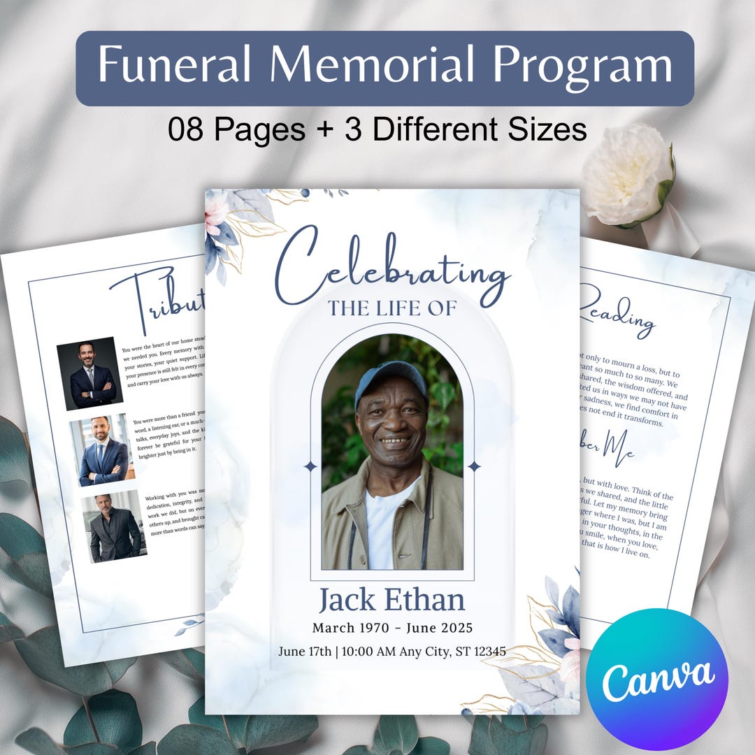 08 Elegant Funeral Program Template, Canva Editable Memorial Program ...