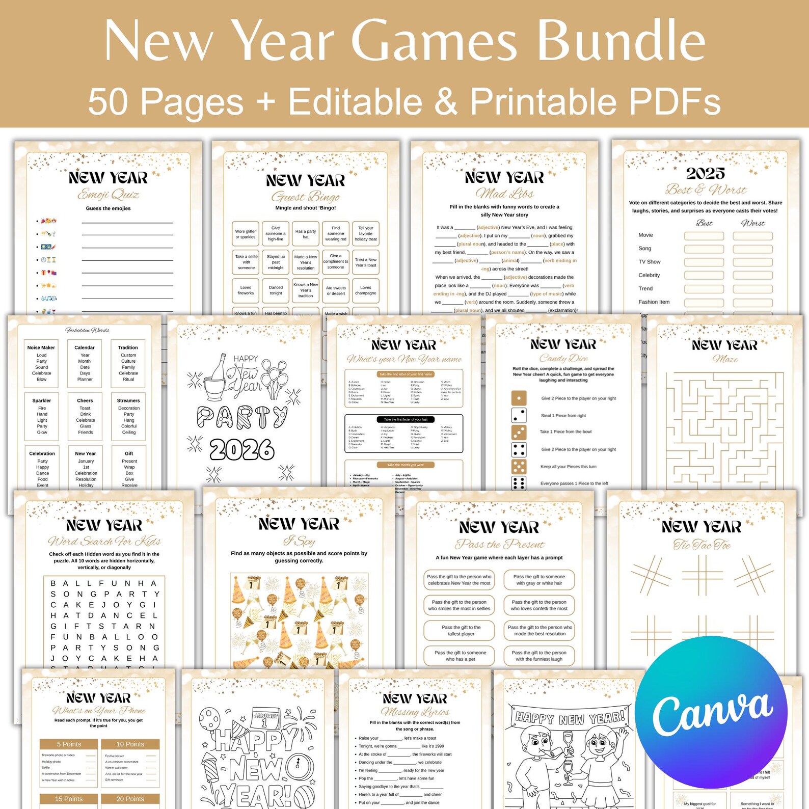 50 New Year Game Bundle, 2026 New Year's Eve Mega Party Game, Printable ...