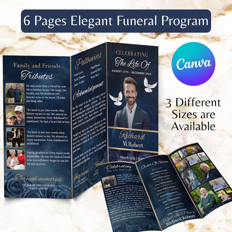 Trifold Blue Funeral Program Template, Canva Editable Celebration of ...