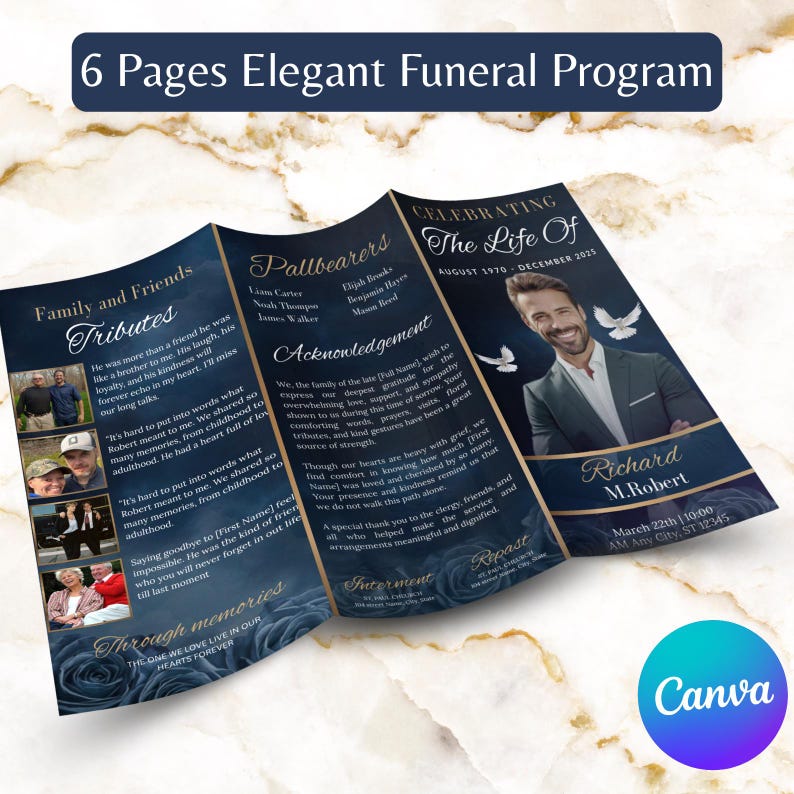 Trifold Blue Funeral Program Template, Canva Editable Celebration of ...
