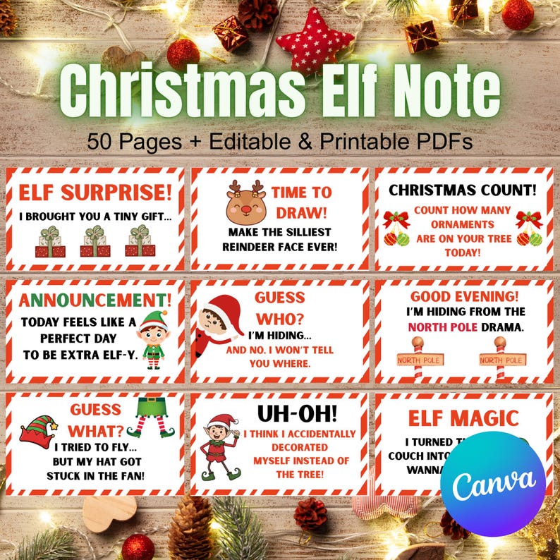 50 Christmas Elf Notes Printable, Canva Editable Elf Notes Bundle ...