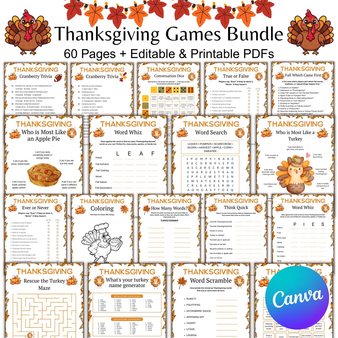 60 Thanksgiving Games Bundle, Friendsgiving Party Game, Thanksgiving ...