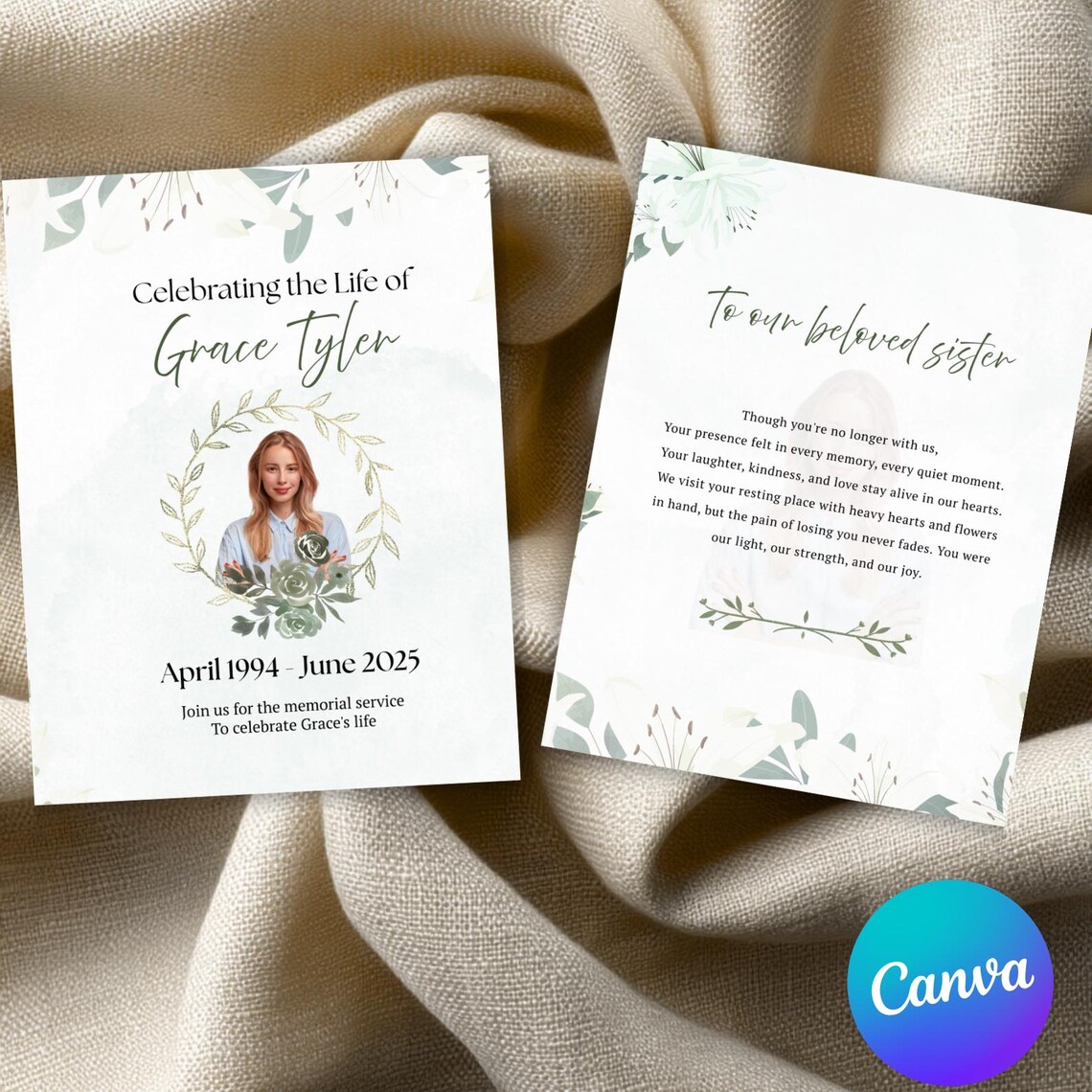 04 Elegant Funeral Program Template, Canva Editable Funeral Memorial ...