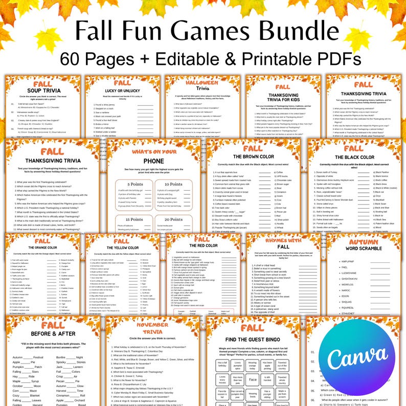 Fall Fun Games Bundle, Autumn Activities for Kids and Adults, Editable ...