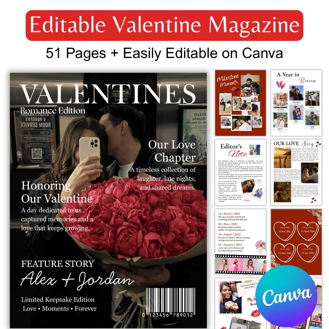 50 Valentine Magazine Template, Canva Editable Couple Love Magazine ...