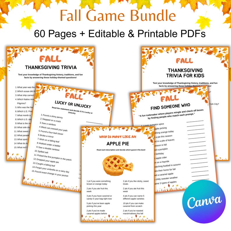 Fall Fun Games Bundle, Autumn Activities for Kids and Adults, Editable ...