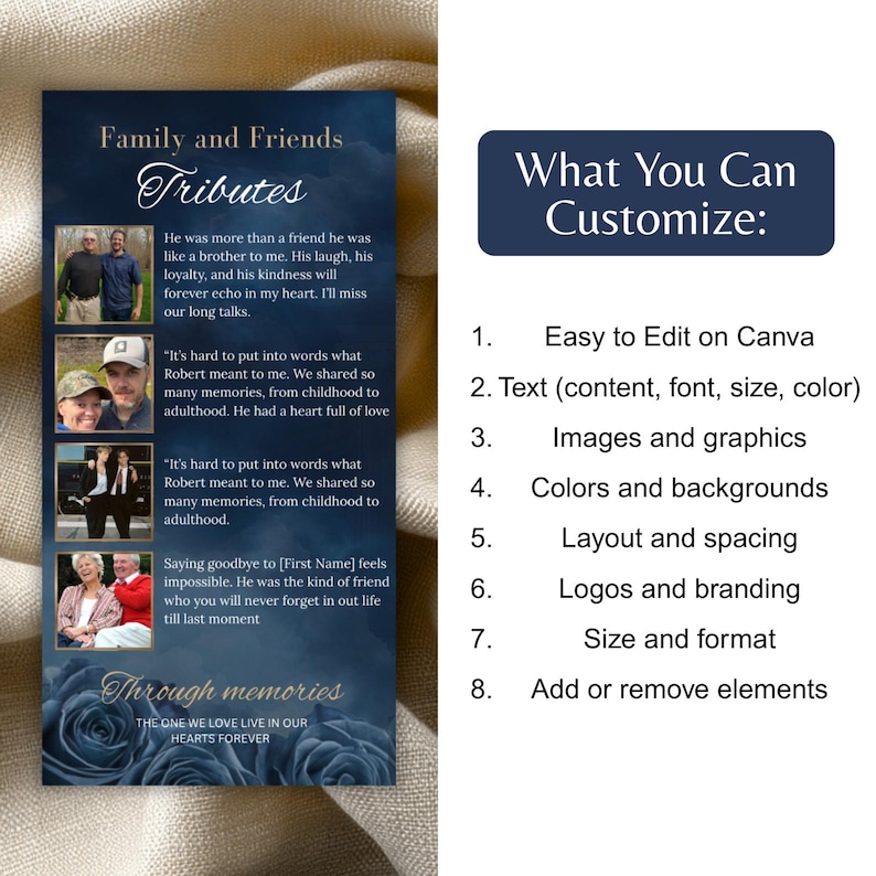 Trifold Blue Funeral Program Template, Canva Editable Celebration of ...