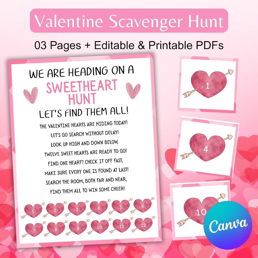 Valentine’s Day Heart Scavenger Hunt, Editable Valentine Scavenger Hunt ...