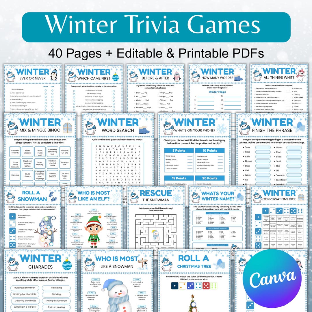 40winter Trivia Games Bundle, Printable Winter Activities, Fun Winter ...