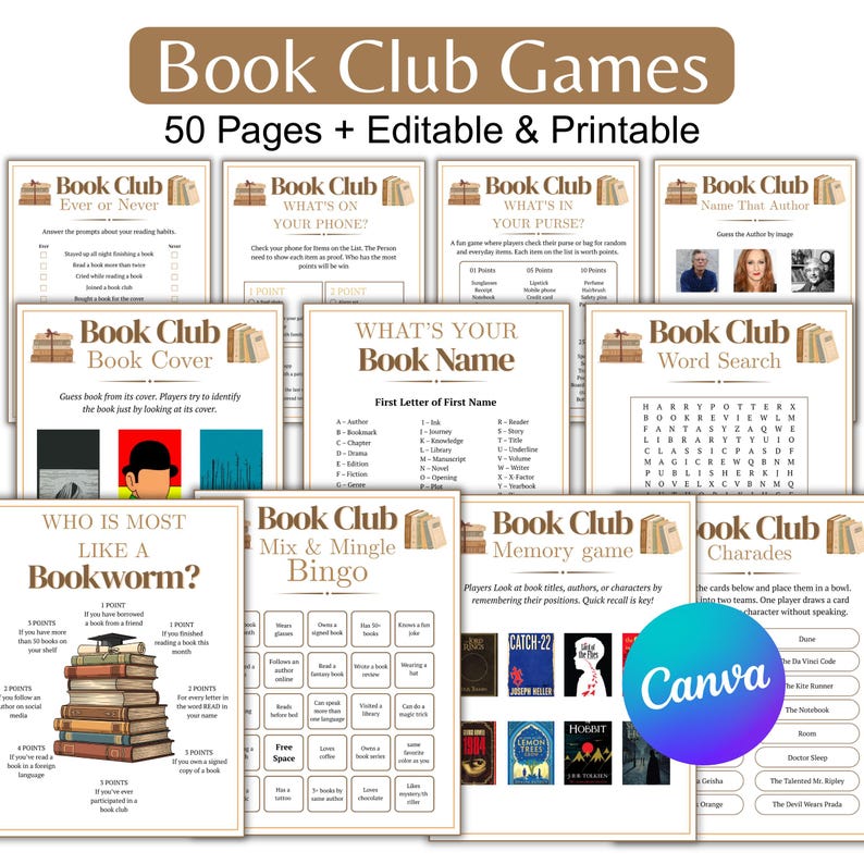 Book Club Games Bundle Printable, Reading Group Party Games, Book Lover ...