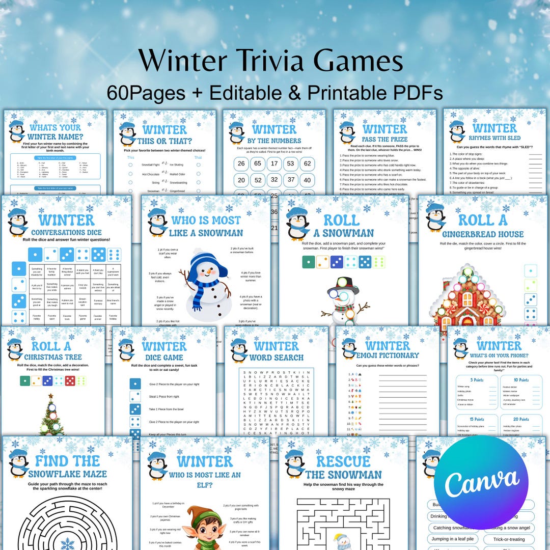 60winter Trivia Games Bundle, Printable Winter Activities, Fun Winter ...
