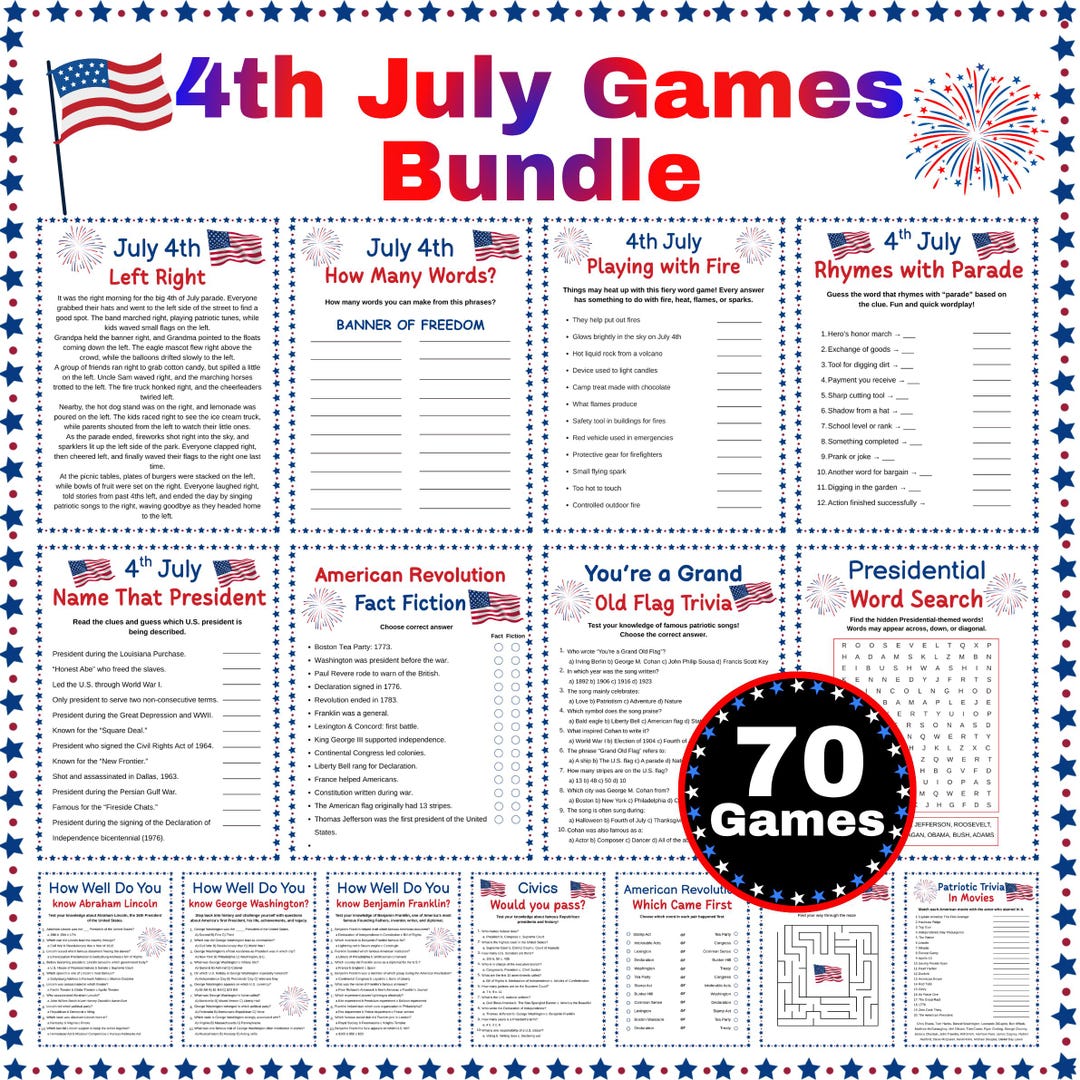 4th of July Game Bundle Printable, July 4th Trivia Party Games ...
