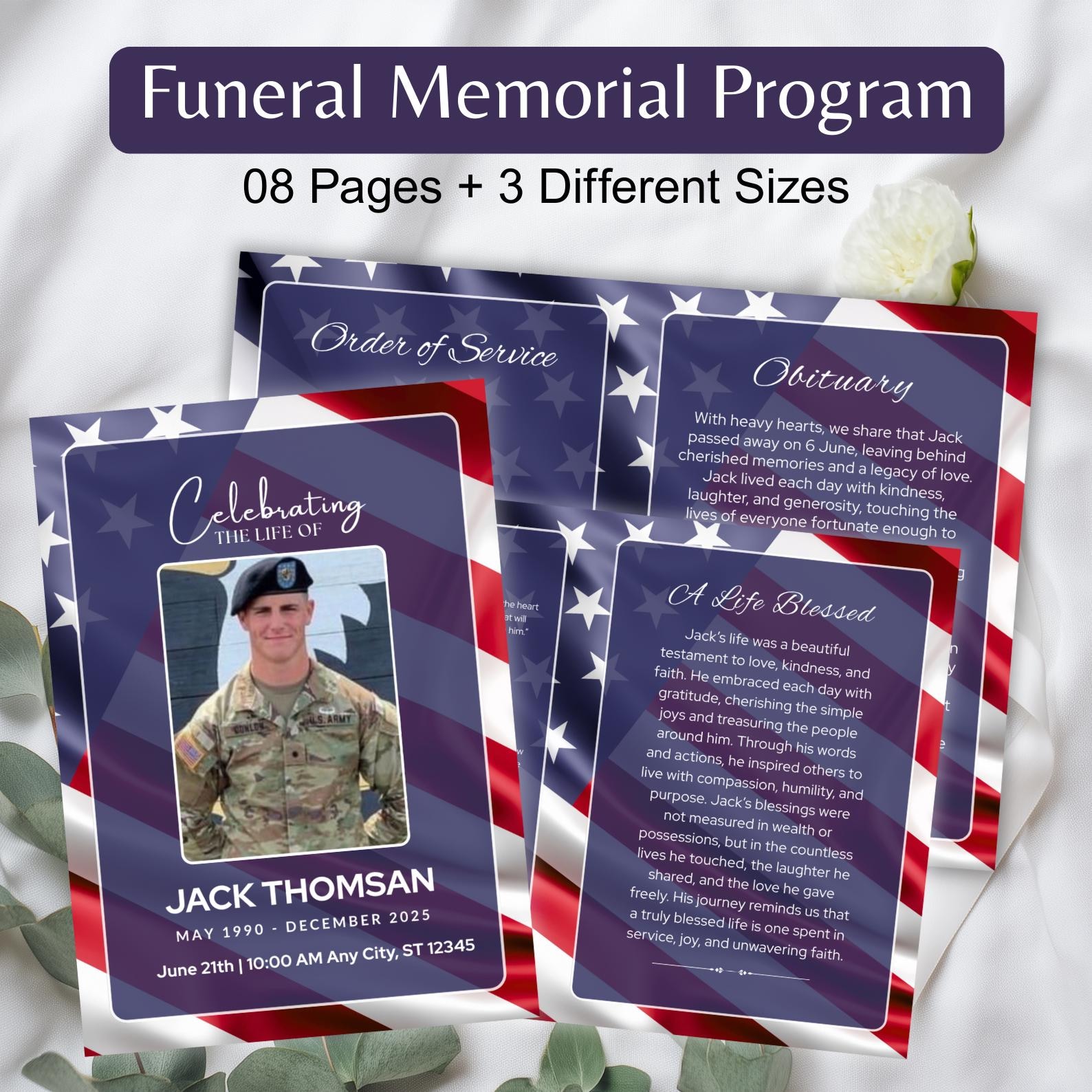 Military Veteran Funeral Program, Veteran Memorial Service Patriotic ...