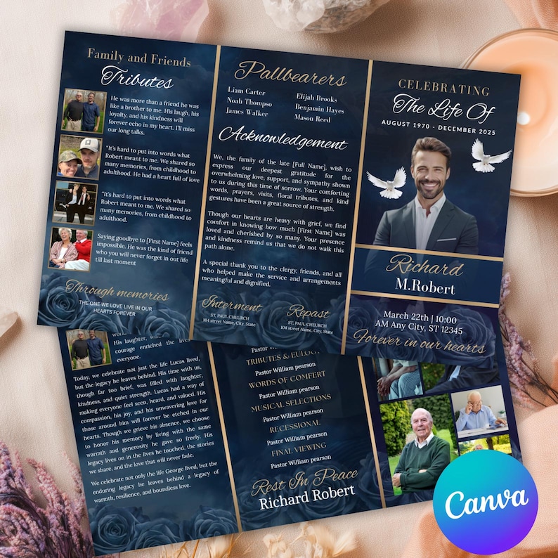 Trifold Blue Funeral Program Template, Canva Editable Celebration of ...