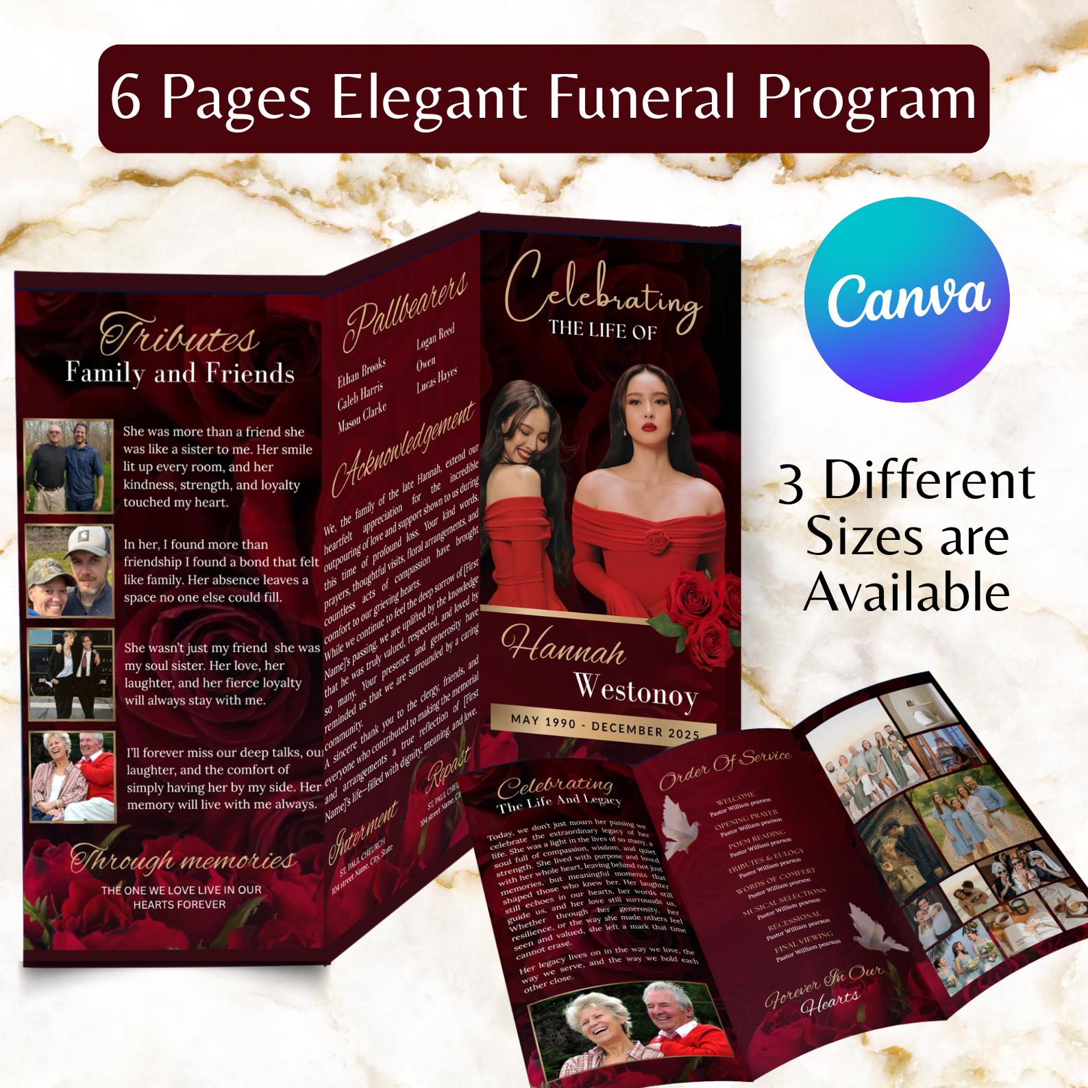 Trifold Red Roses Funeral Program Template, Canva Editable Celebration ...