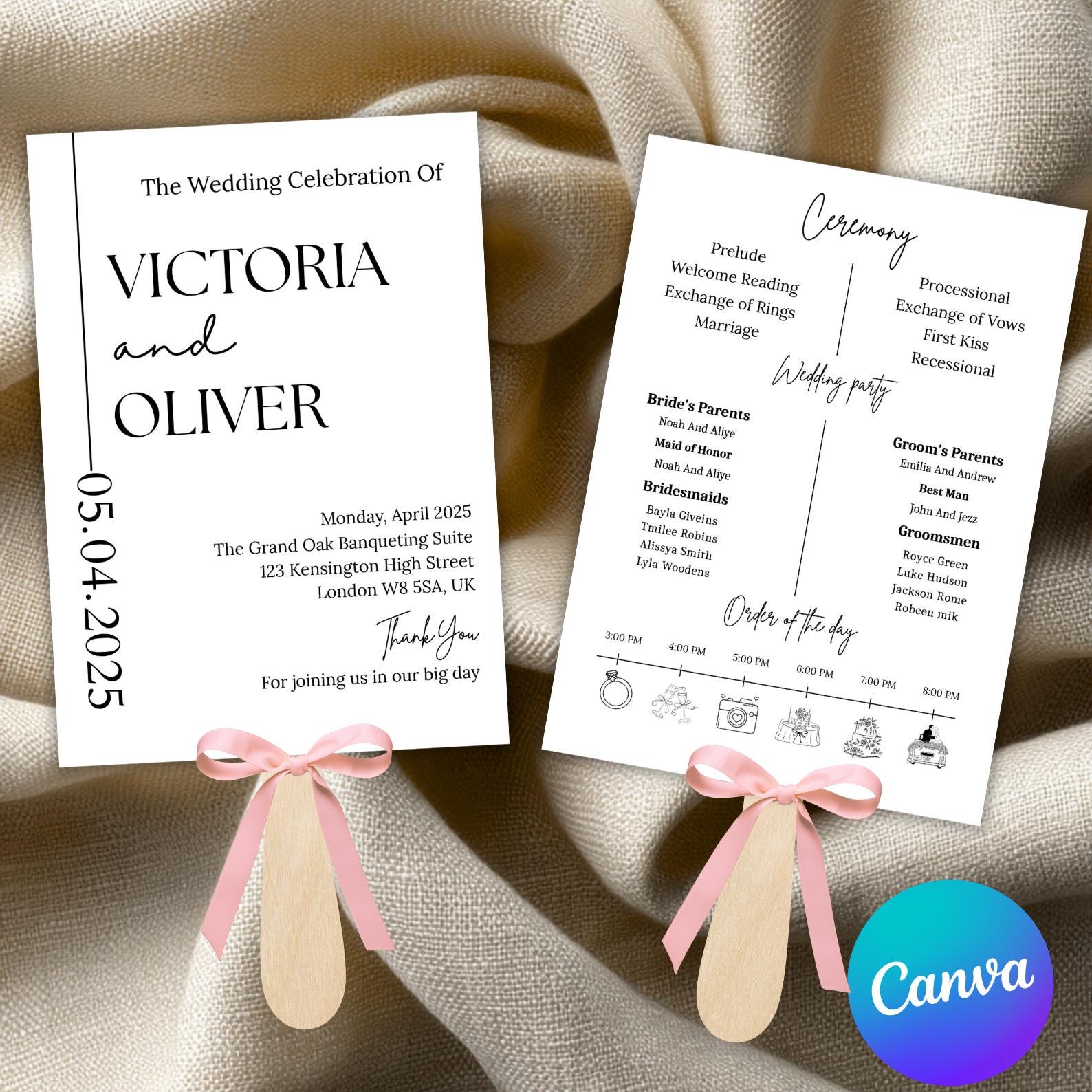 Minimalist Wedding Program Fan Canva Template, Printable Wedding ...