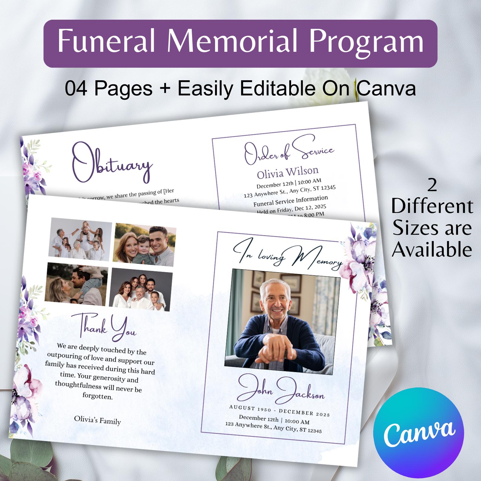 4 Editable Funeral Program Template, Funeral Memorial Canva Editable ...