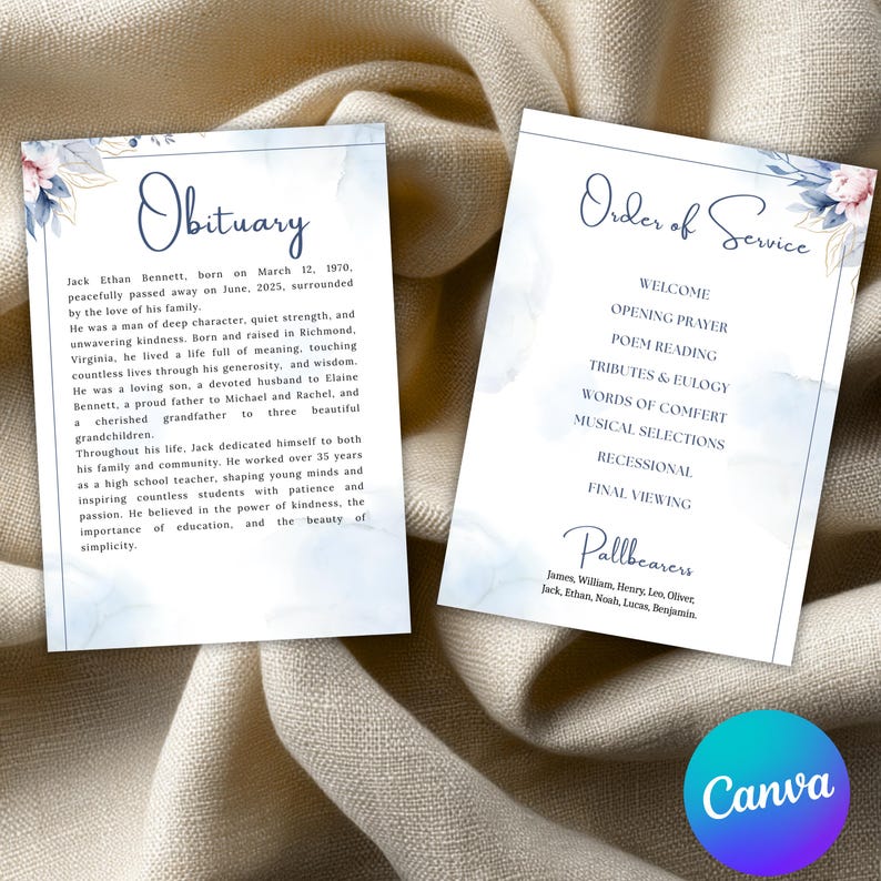 08 Elegant Funeral Program Template, Canva Editable Memorial Program ...