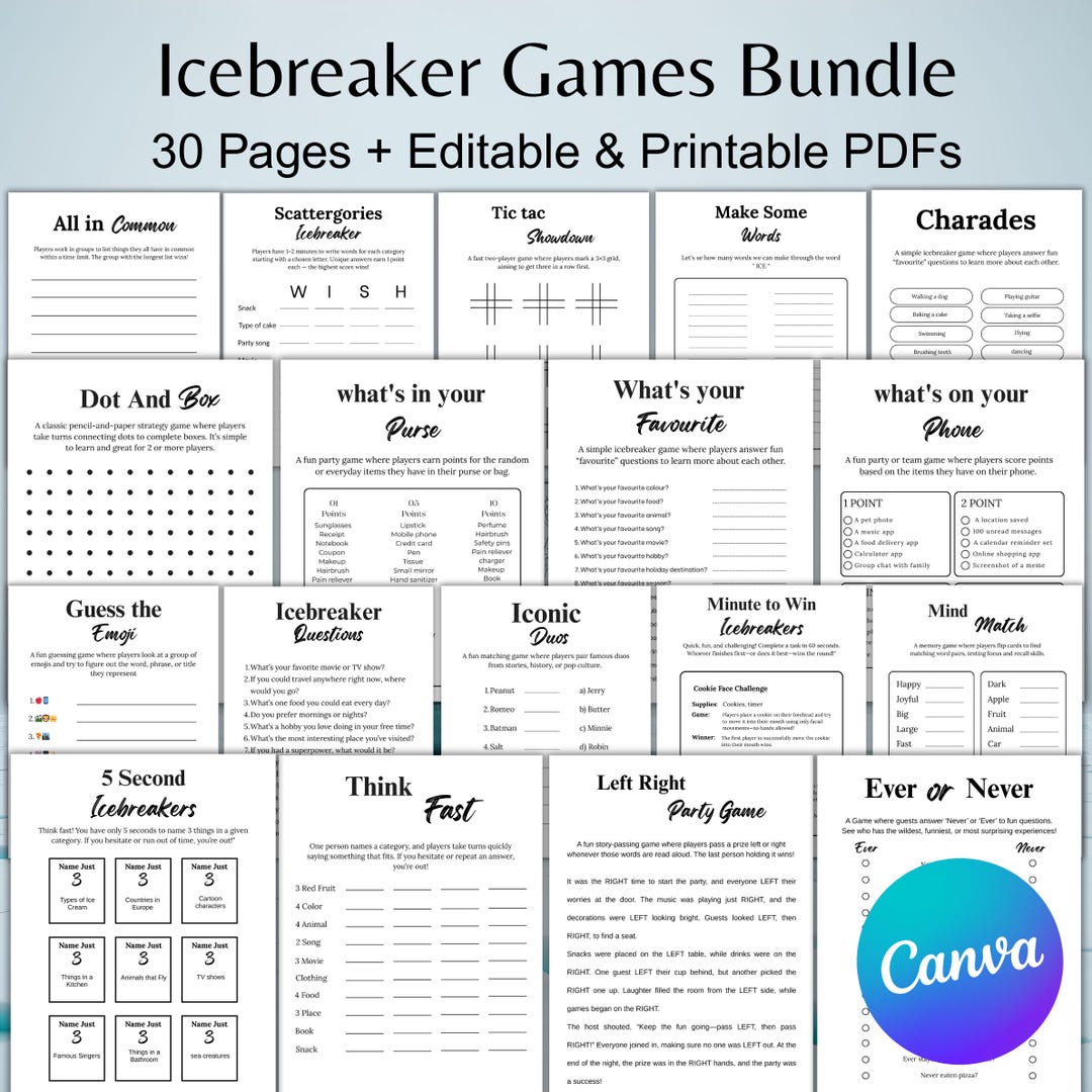 30 Icebreaker Games Bundle, Icebreaker Questions, Icebreaker Bingo Get ...