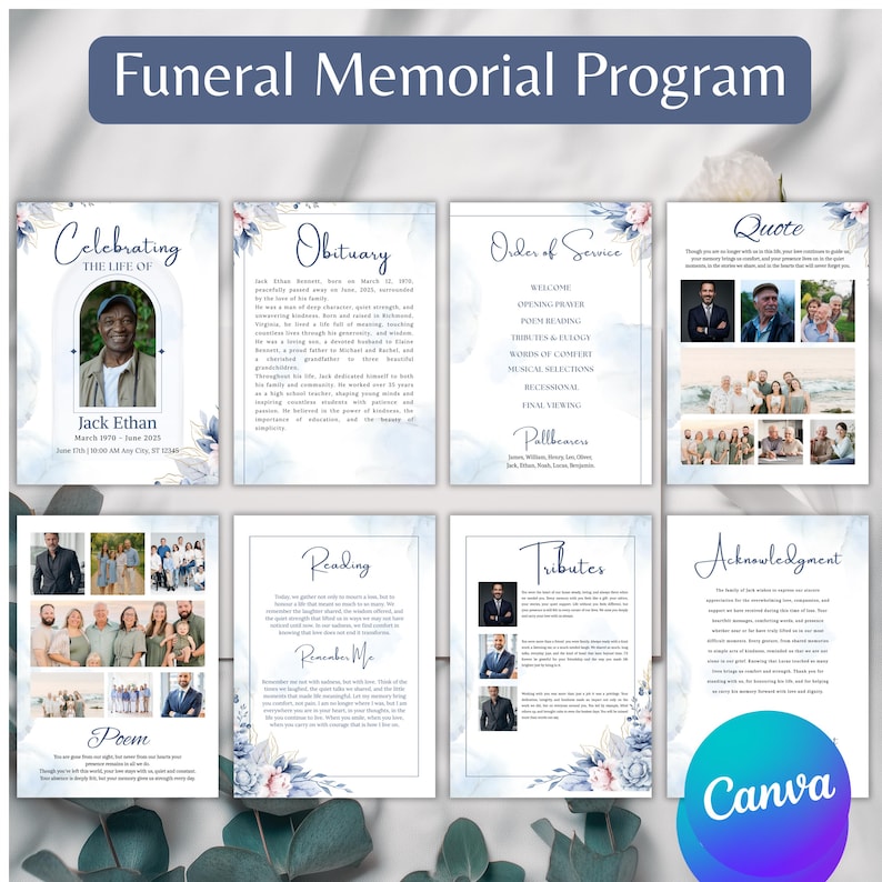 08 Elegant Funeral Program Template, Canva Editable Memorial Program ...