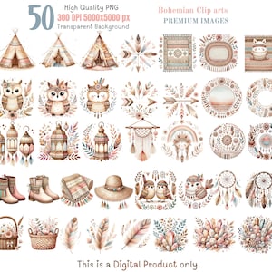 50 Bohemian Clipart Bundle, Boho Chic, Boho Png Graphics, Watercolor ...