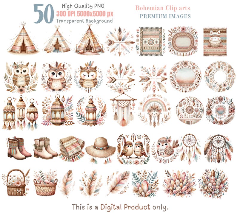 50 Bohemian Clipart Bundle, Boho Chic, Boho Png Graphics, Watercolor ...