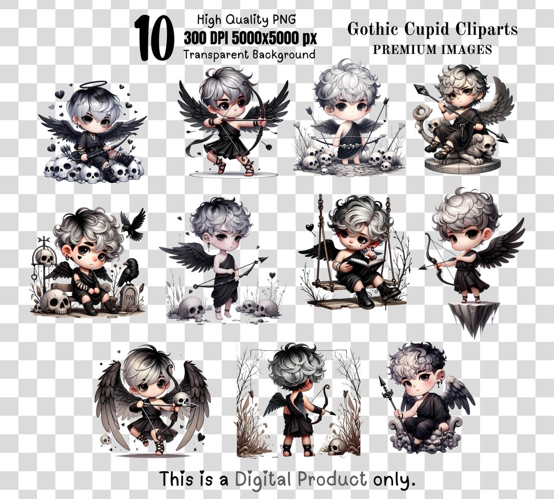 10 Gothic Cupid Clip Art Bundle – 5000x5000 Px, 300 DPI, Transparent ...
