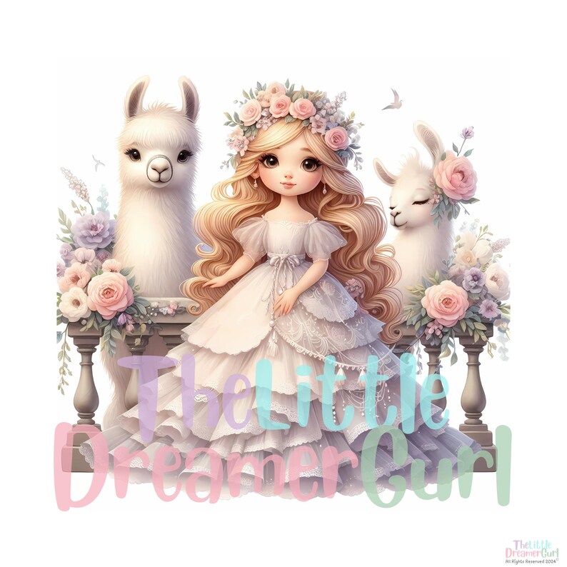 Ethereal Princess and Llama Clipart PNG Set – Fantasy Floral & Crystal ...