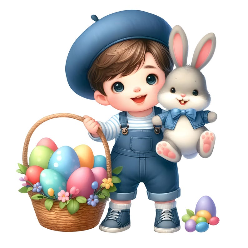 Easter Boy PNG With Bunny Friend & Easter Eggs | Cute Spring Clipart ...