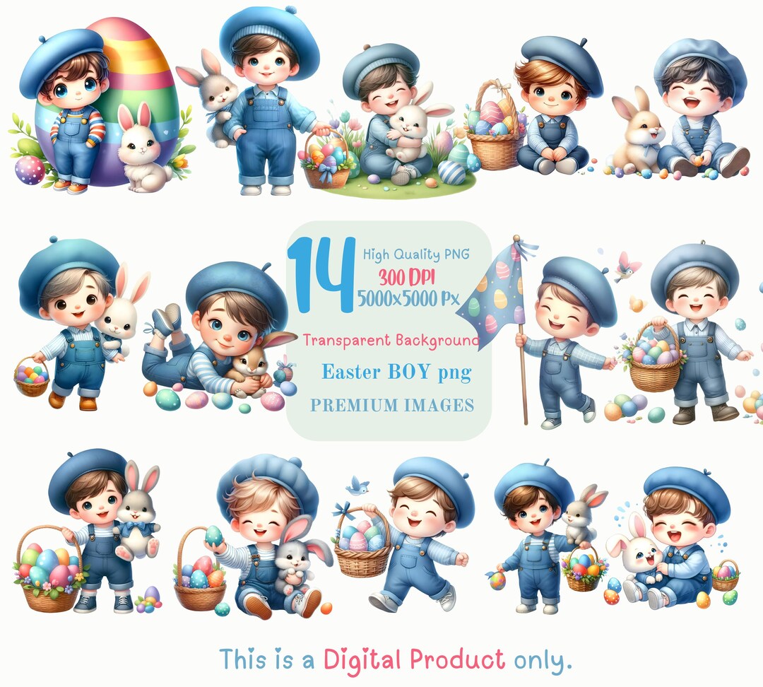 Easter Boy PNG With Bunny Friend & Easter Eggs | Cute Spring Clipart ...